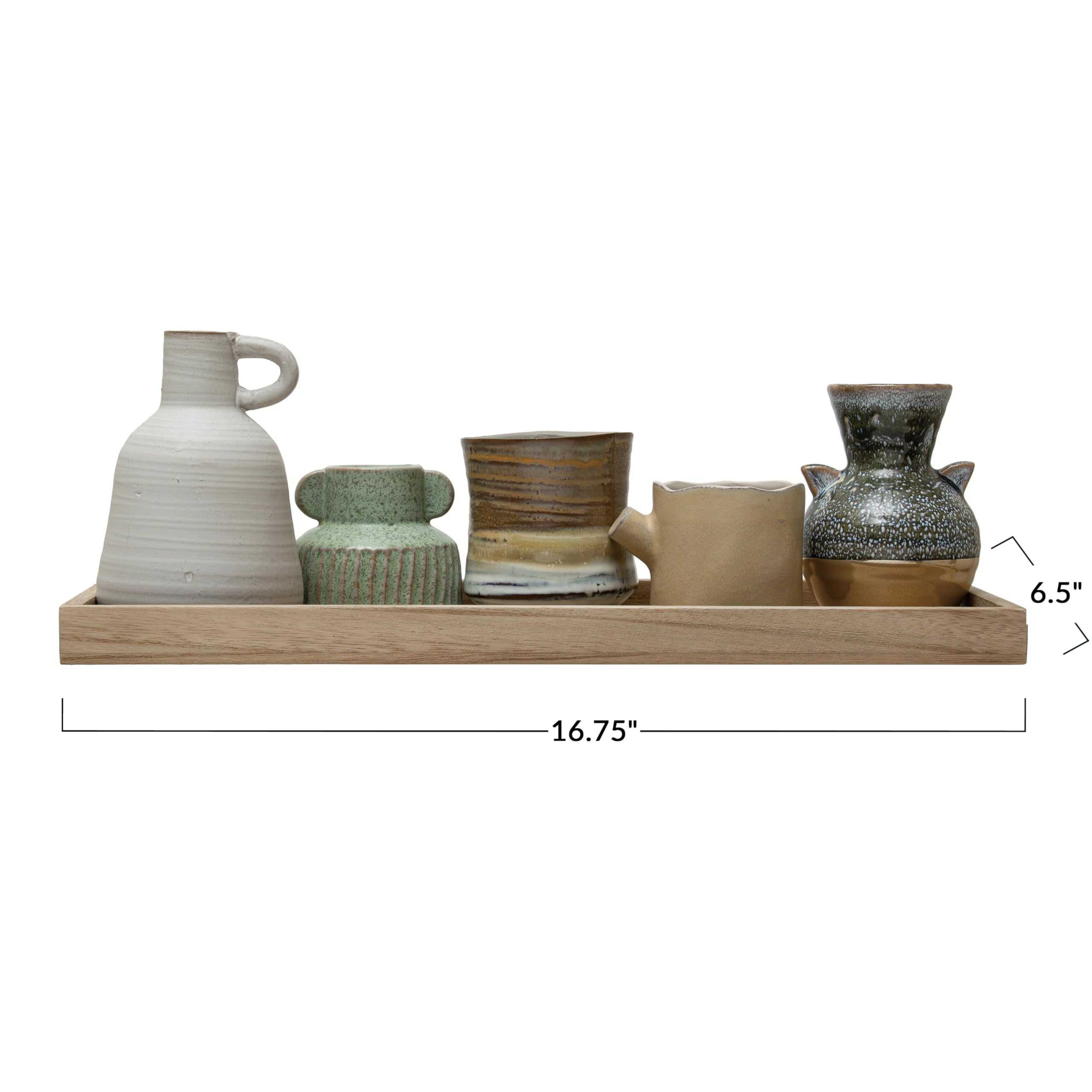 Creative Co-Op Mango Wood Tray with 3 Vases and 2 Planters, Multicolor Reactive Glaze, Set of 6