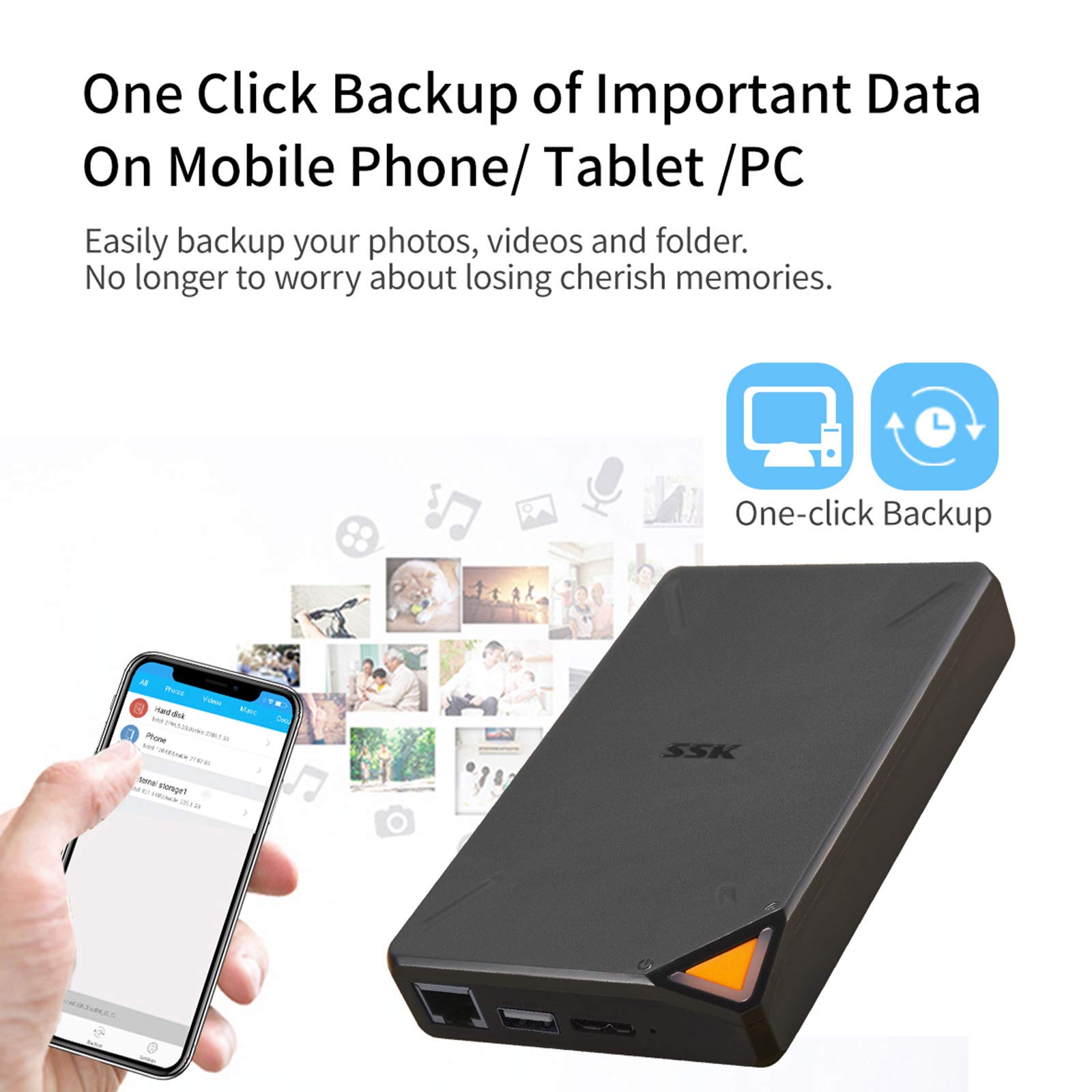 SSK 1TB Personal Cloud External Wireless Hard Drive Portable NAS Storage with WiFi Hotspot for Travel, Support Auto Backup Connect SD Card Reader Share Data for iPhone iPad Tablet Laptop