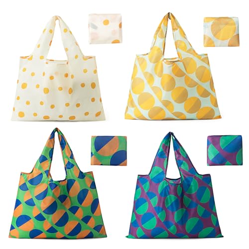 FELIZROCA 4 Pack Reusable Grocery Bags Recycle Foldable Shopping Bag Multicolor Washable Kitchen Grocery Bag Lightweight (Pattern A)