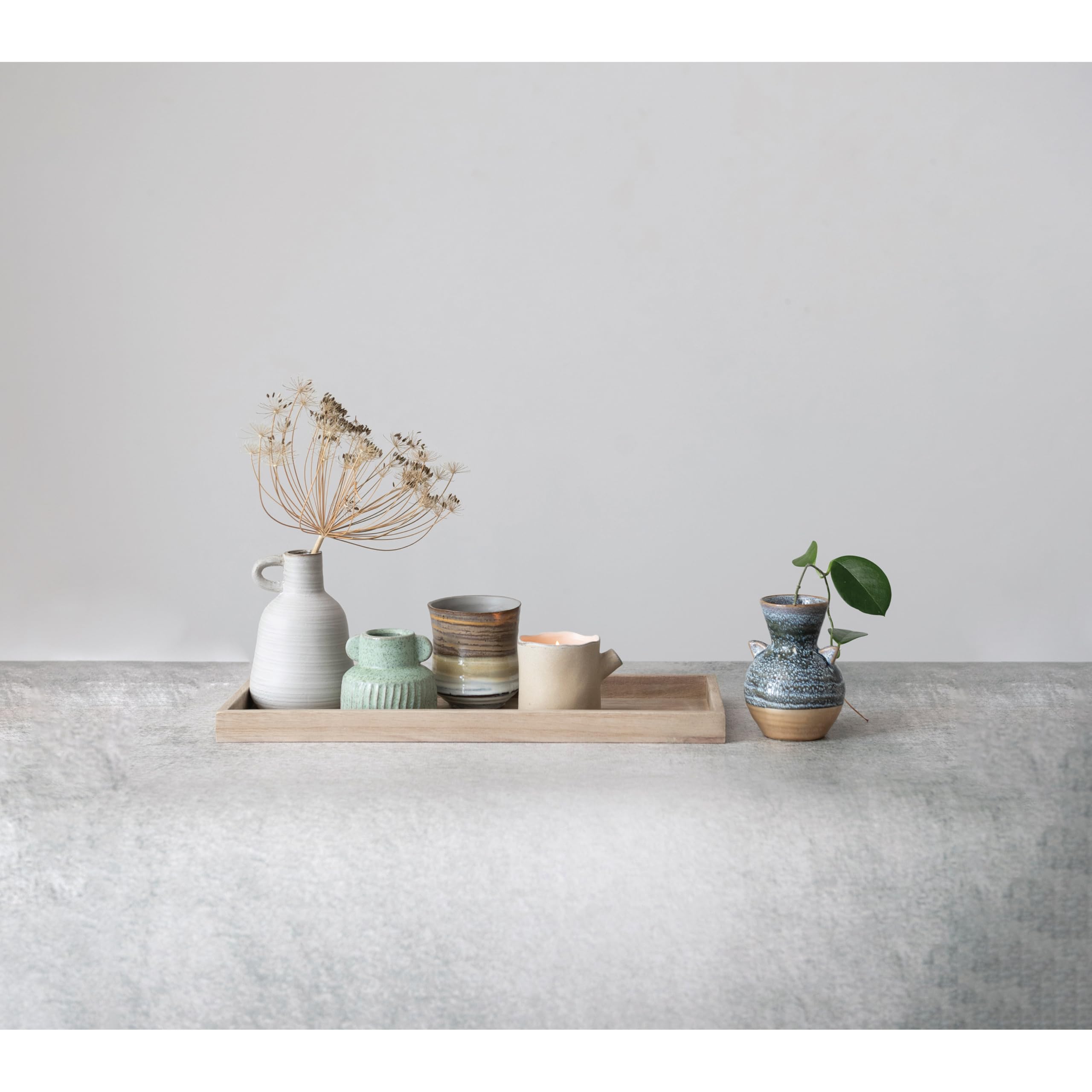 Creative Co-Op Mango Wood Tray with 3 Vases and 2 Planters, Multicolor Reactive Glaze, Set of 6