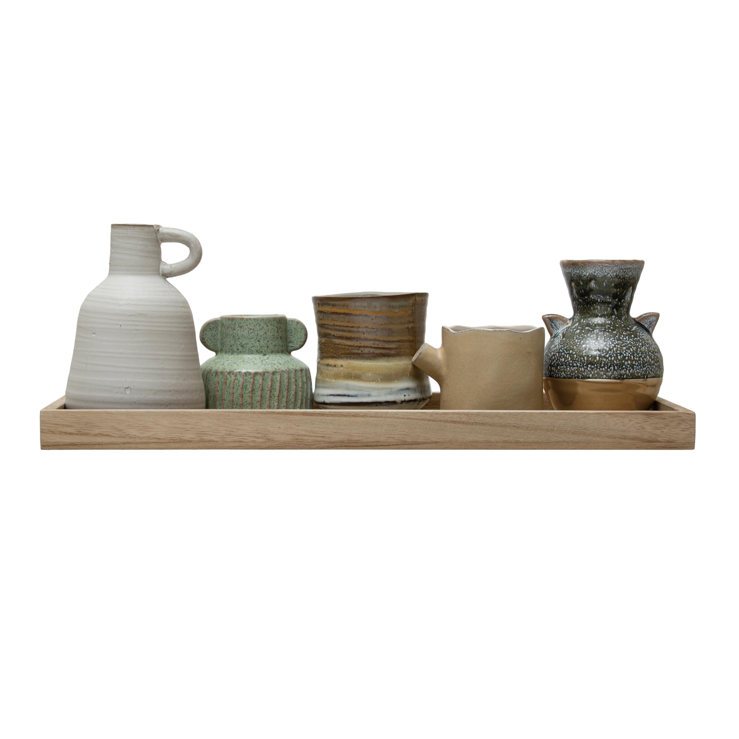 Creative Co-Op Mango Wood Tray with 3 Vases and 2 Planters, Multicolor Reactive Glaze, Set of 6