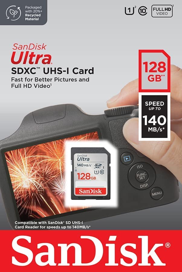 SanDisk 128GB Ultra SD Memory Card Works with Sony EOS R100 and Fujifilm X-S20 Mirrorless Cameras (SDSDUNB-128G-GN6IN) U1 C10 Bundle with (1) Everything But Stromboli 3.0 Micro & SDXC Card Reader