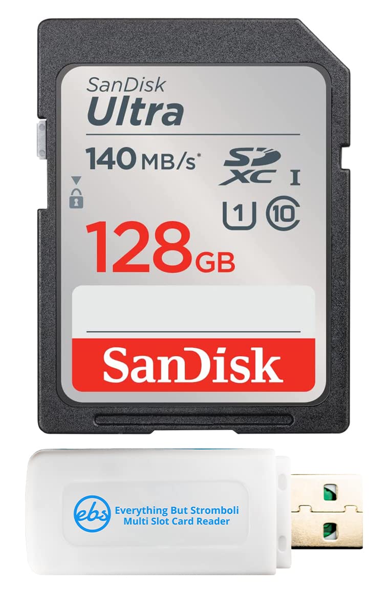 SanDisk 128GB Ultra SD Memory Card Works with Sony EOS R100 and Fujifilm X-S20 Mirrorless Cameras (SDSDUNB-128G-GN6IN) U1 C10 Bundle with (1) Everything But Stromboli 3.0 Micro & SDXC Card Reader