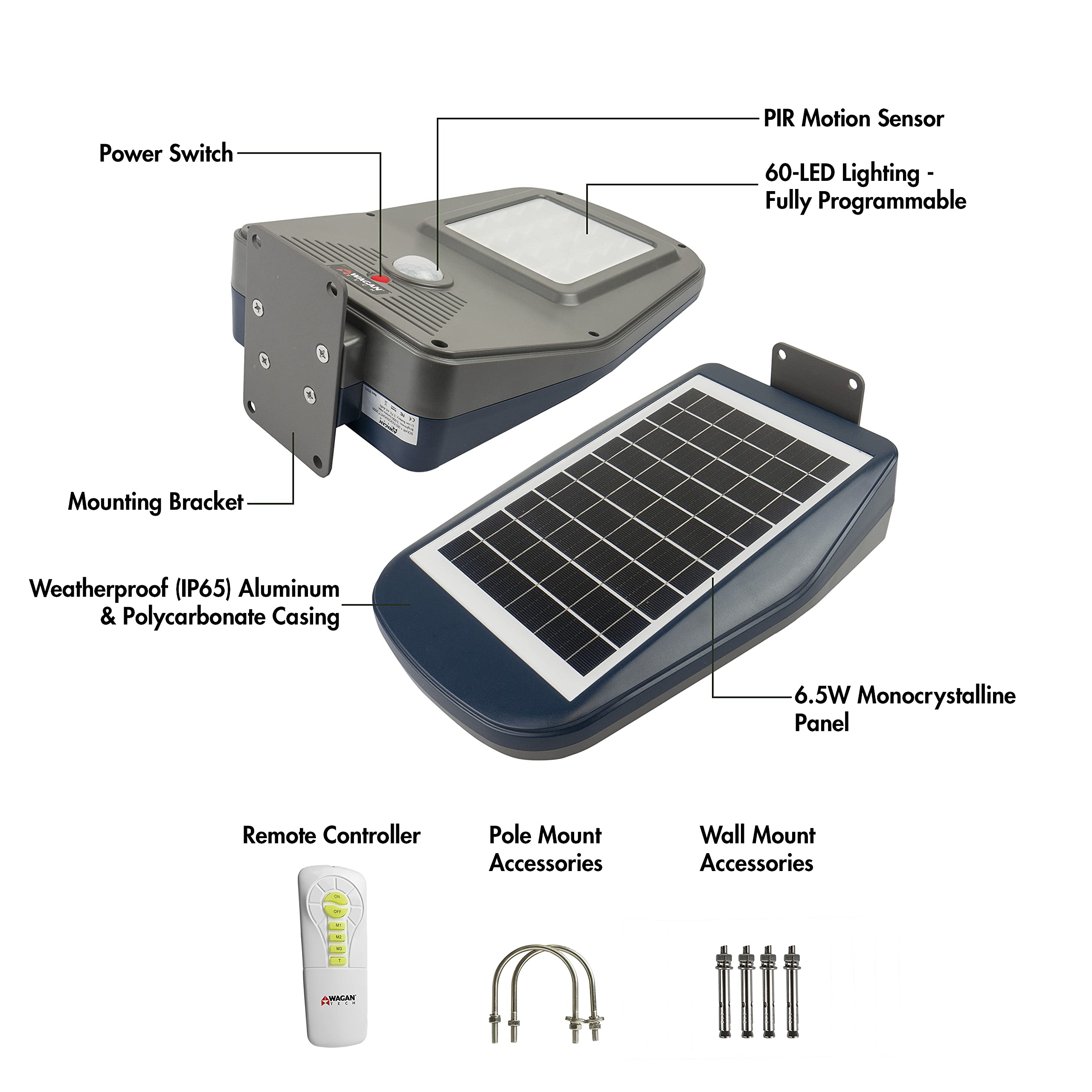 Wagan EL8591 3000 Lumen LED Solar Street Light with Remote Control Outdoor Solar Powered Flood Light Dusk to Dawn Waterproof Weatherproof Motion Sensor for Outdoor Garden Yard Path Parking Lot