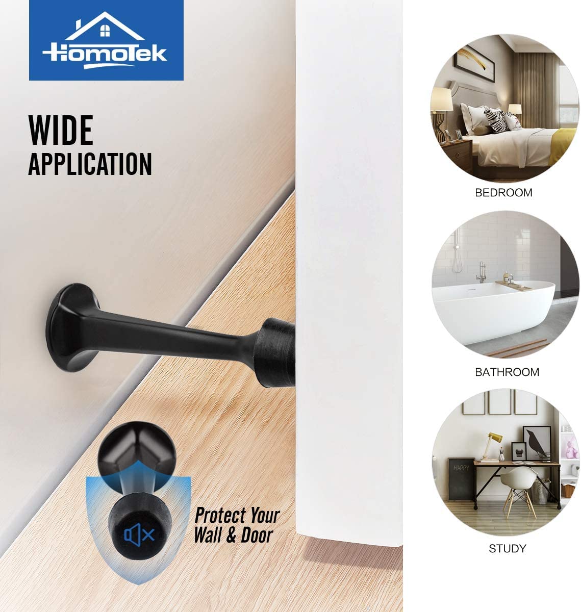 HOMOTEK 6 Pack Heavy Duty Solid Rigid Door Stop with Soft Rubber Tip, Zinc Die Cast Door Stopper Protect Wall & Door, Black