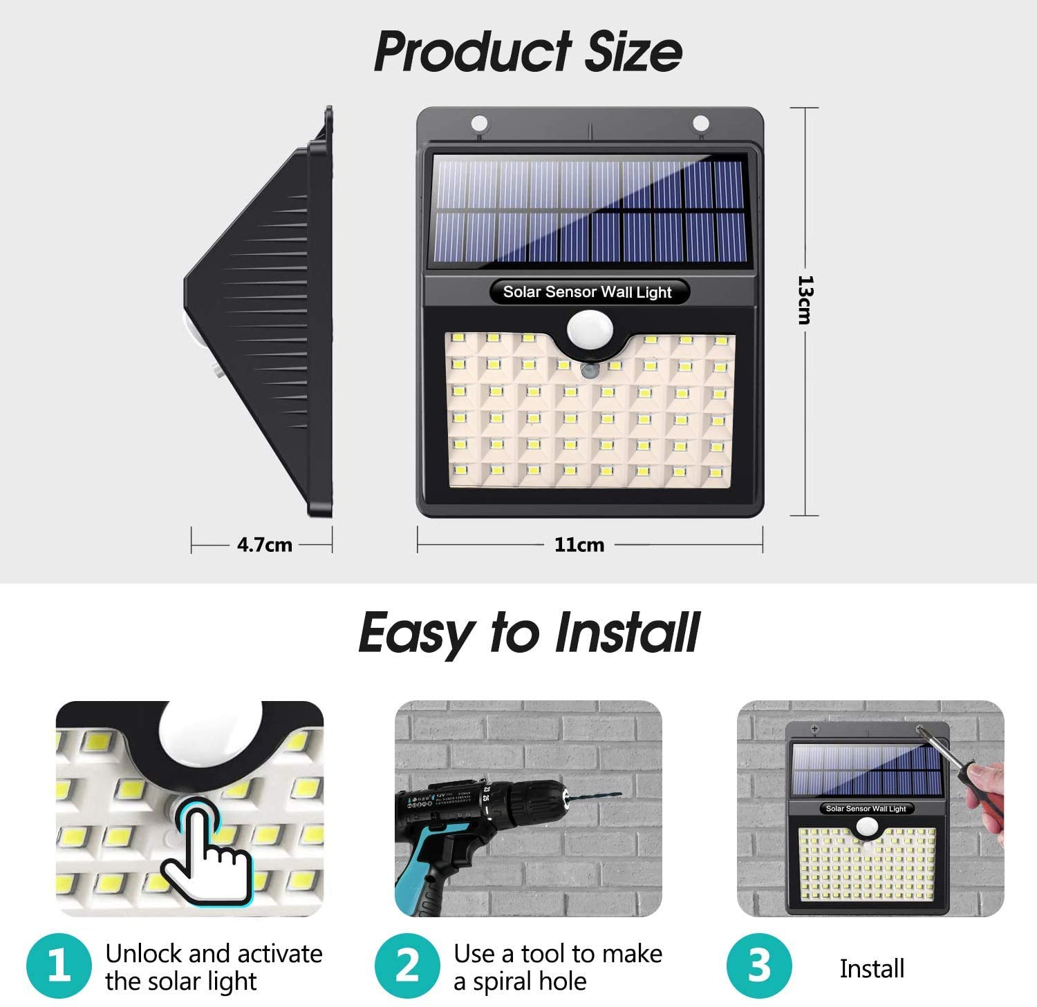 Daffodil Solar Lights Outdoor LEC800B - 46 LED Solar Motion Sensor Security Lights with 270 ° Wide Angle/3 Lighting Modes/IP65 Waterproof/for Garden Fence Patio Garage Front Door Yard Deck