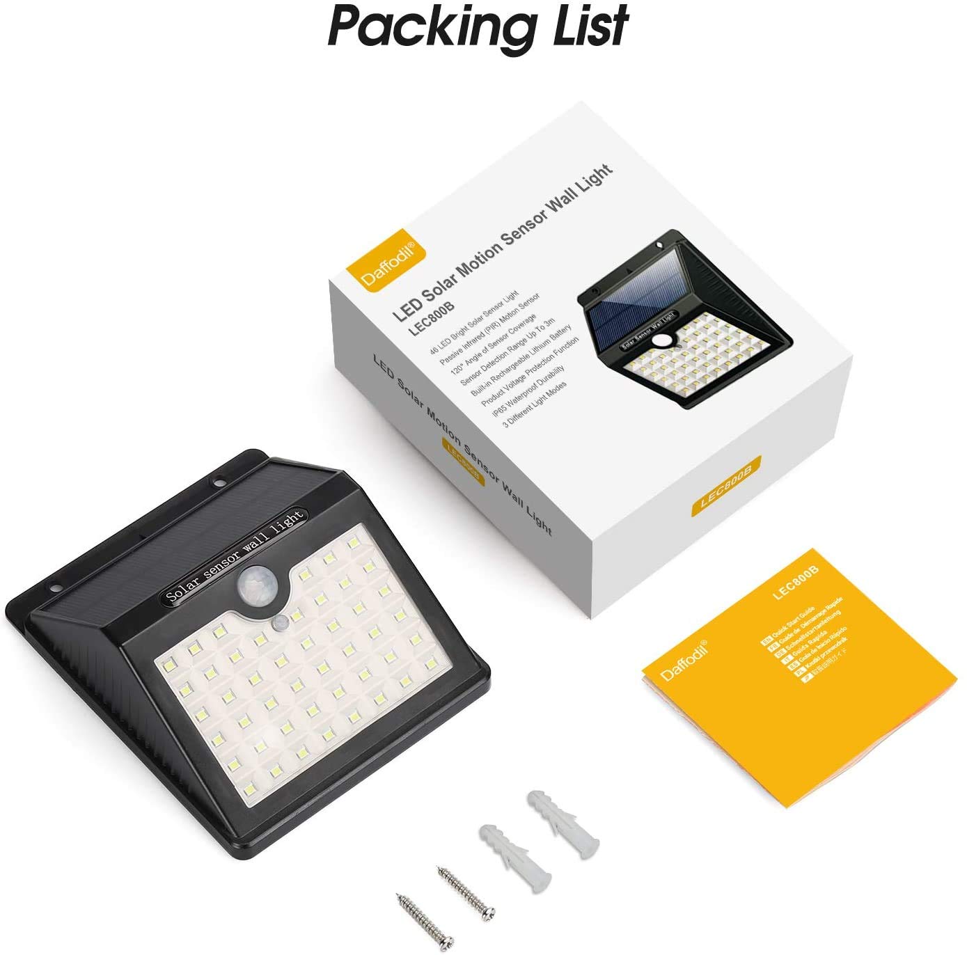 Daffodil Solar Lights Outdoor LEC800B - 46 LED Solar Motion Sensor Security Lights with 270 ° Wide Angle/3 Lighting Modes/IP65 Waterproof/for Garden Fence Patio Garage Front Door Yard Deck