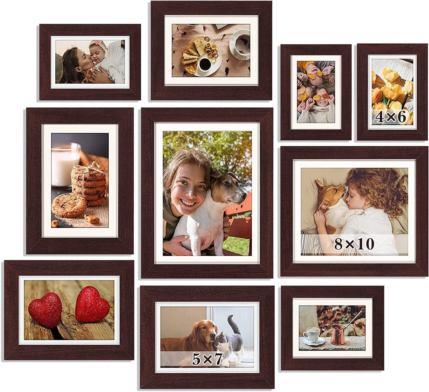 Picture Frame Set Wall Photo: 10 Variety Pack Rustic Wood Photo Frames with Real Glass and Mat Lightweight Matted Gallery Picture Frames Bulk for Wall or Tabletop Including 8x10 5x7 4x6 Walnut Brown