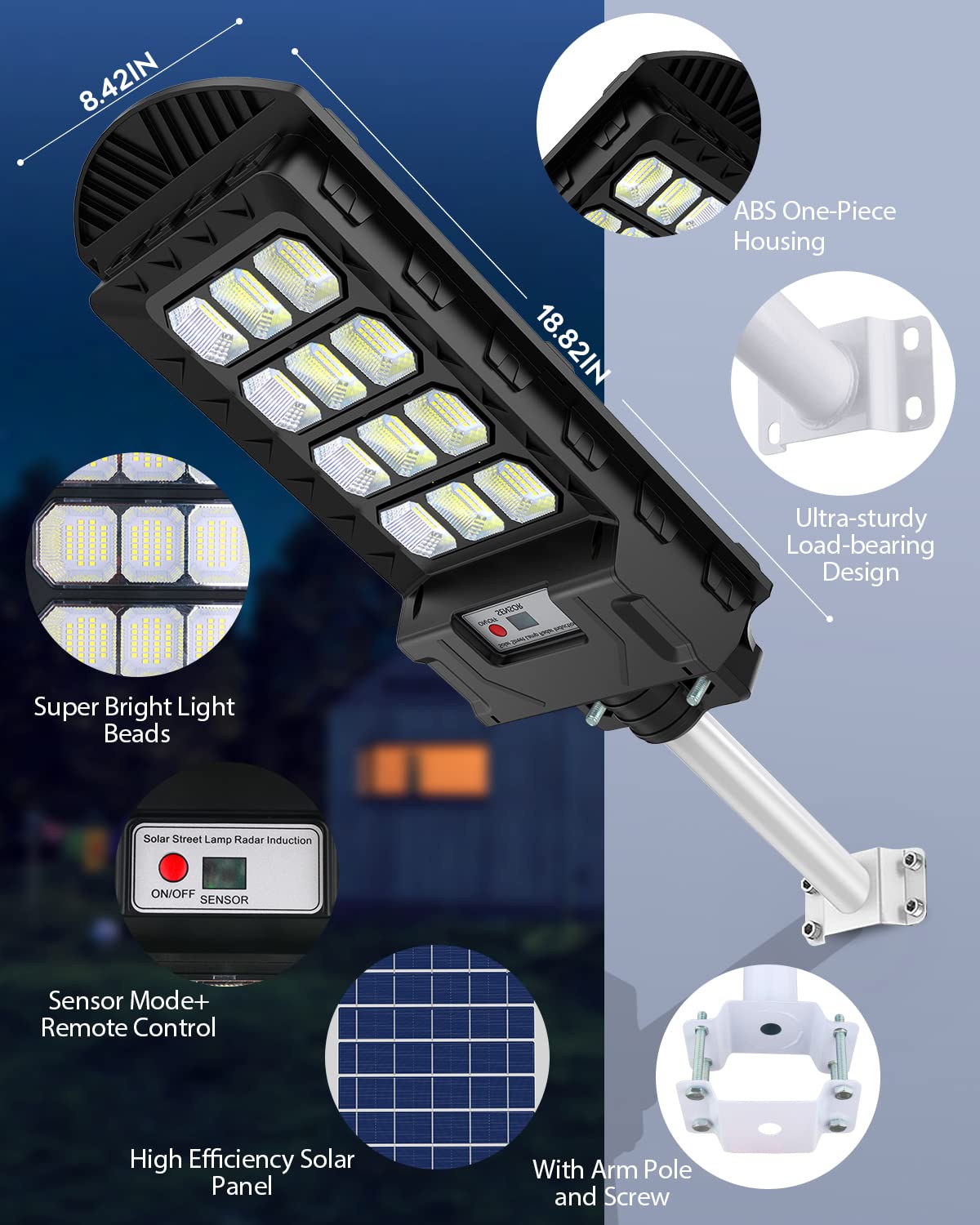 Mokot 300W Solar Street Lights Outdoor, IP66 Waterproof Solar Outdoor Lights Solar Powered Dusk to Dawn, Endurance LED Solar Lights with Motion Sensor Solar Parking Lot Lights for Stadium, Yard