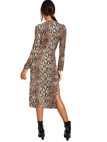Floerns Women's Snakeskin Print Long Sleeve Tie Waist Split Midi Dress Brown XL