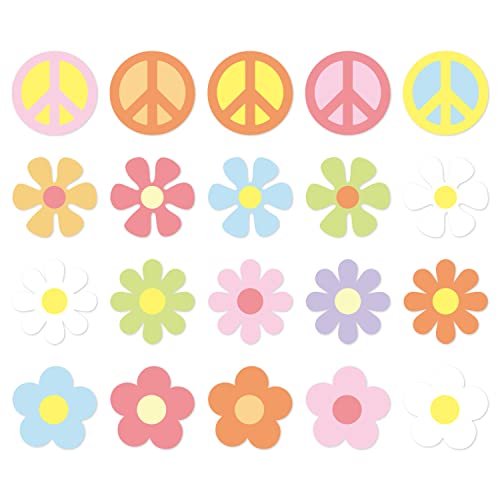 20 Big Groovy Retro Hippie Paper-Cut Party Decoration Wall Collage Aesthetic Set for Teen Girls Flowers Peace Sign Cards Vintage Cut-Outs as Banner Boho Birthday Room Art Window Decor, 8.3*8.3 inch