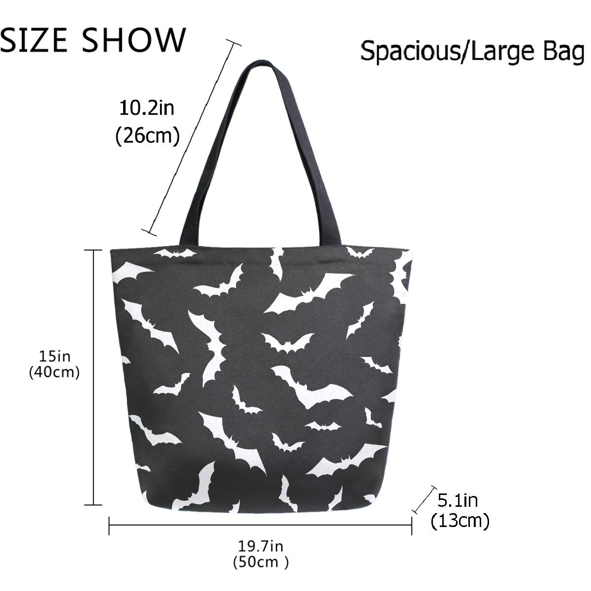 ZzWwR Stylish Bats Halloween Pattern Extra Large Canvas Market Beach Travel Reusable Grocery Shopping Tote Bag Portable Storage HandBags,Black