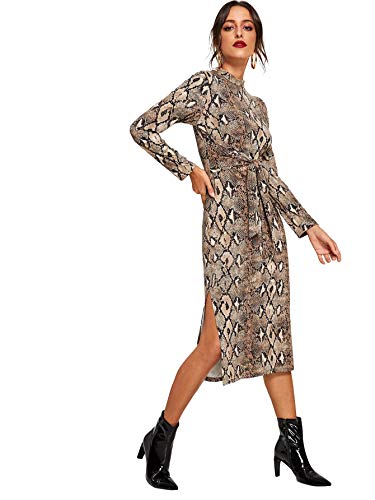 Floerns Women's Snakeskin Print Long Sleeve Tie Waist Split Midi Dress Brown XL
