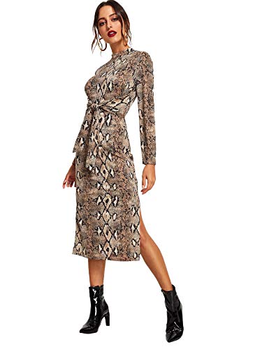 Floerns Women's Snakeskin Print Long Sleeve Tie Waist Split Midi Dress Brown XL