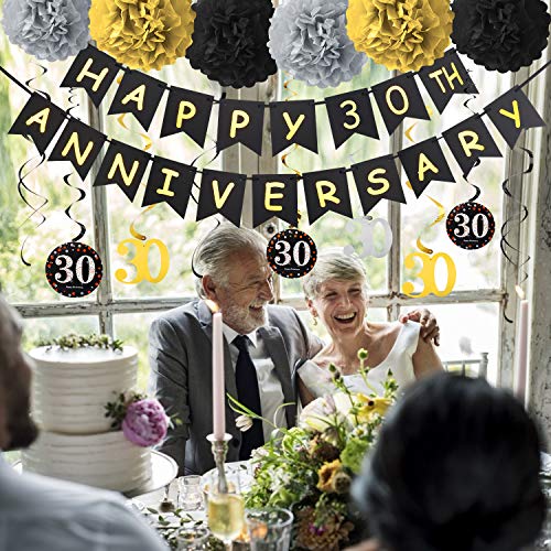 Yoaokiy 30th Anniversary Party Decorations Kit, 30th Wedding Anniversary Decorations Supplies, Including Gold Happy 30th Anniversary Banner / 9Pcs Hanging Swirl / 6Pcs Poms