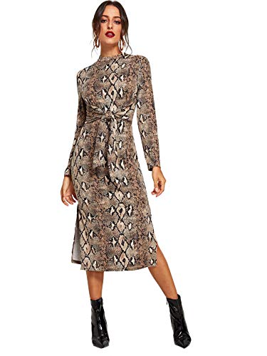 Floerns Women's Snakeskin Print Long Sleeve Tie Waist Split Midi Dress Brown XL