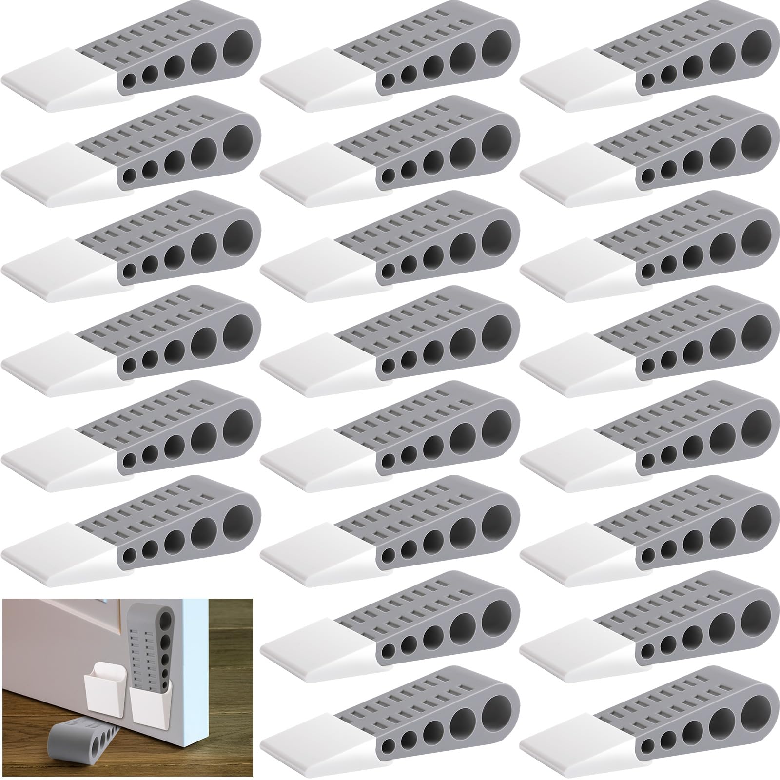 Soaoo 20 Pack Rubber Door Stoppers Bulk with Holder Door Stoppers for Bottom of Door Anti Slip Door Wedge Doorstop for All Floor Types (Gray)