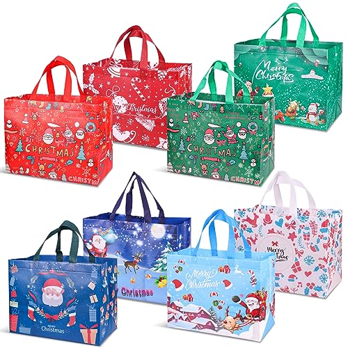 emzrivo Christmas Gift Bags 8 Pack Large Christmas Tote Bags with Handle, Christmas Treat Bags Reusable Non-Woven Holiday Gift Bags for Xmas Gifts Wrapping Christmas Party Supplies, 12.8"×9.8"
