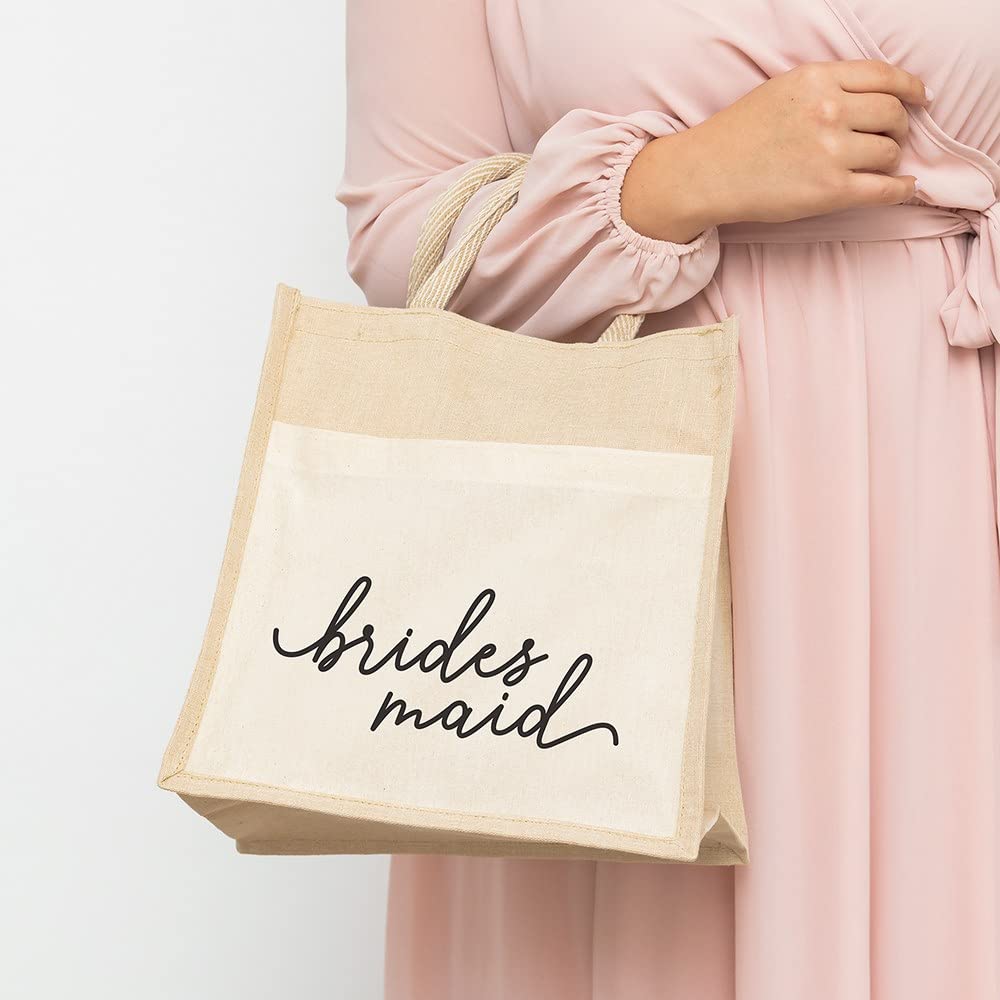 WEDDINGSTAR Medium Reusable Woven Jute Tote Bag With Pocket - Bridesmaid