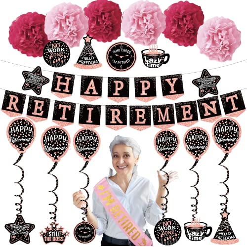 retirement party decorations banner gifts - (22pack) happy retirement rose gold banner, 6 paper Poms, 6 Hanging Swirl, 7 decorations stickers.retirement sash for women