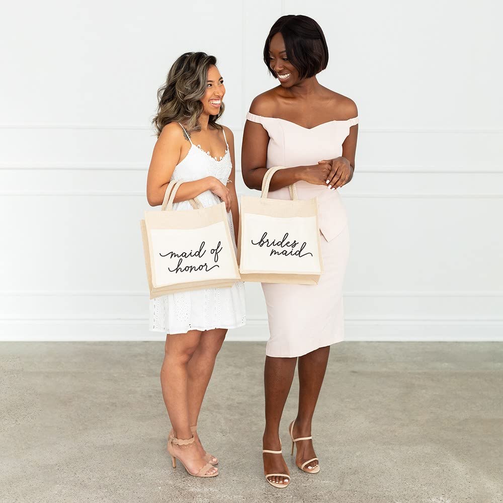 WEDDINGSTAR Medium Reusable Woven Jute Tote Bag With Pocket - Bridesmaid