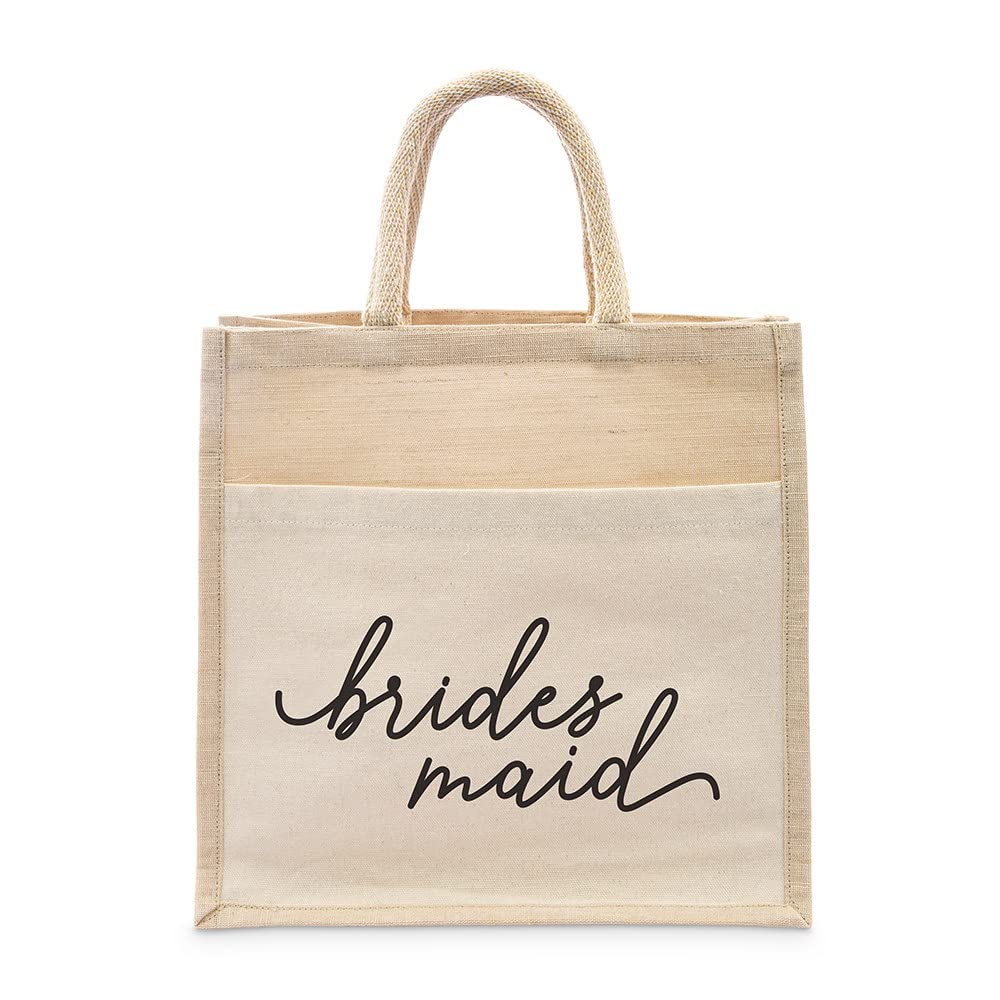 WEDDINGSTAR Medium Reusable Woven Jute Tote Bag With Pocket - Bridesmaid