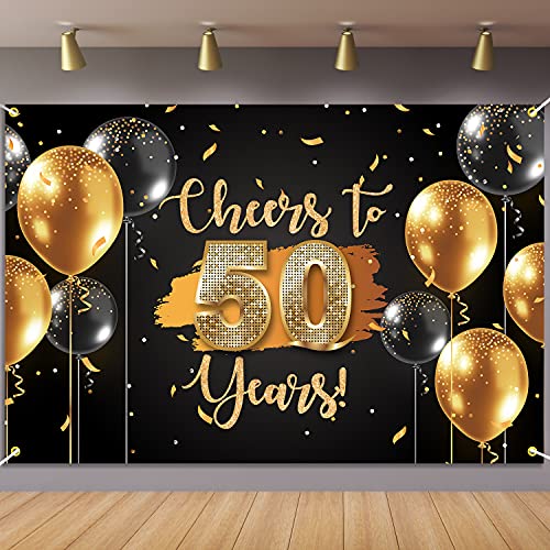 Cheers to 50 Years Backdrop Banner Happy 50th Birthday Background Decorations for Women MenΒ Her Him Anniversary Photography Party Supplies Black Gold(1)