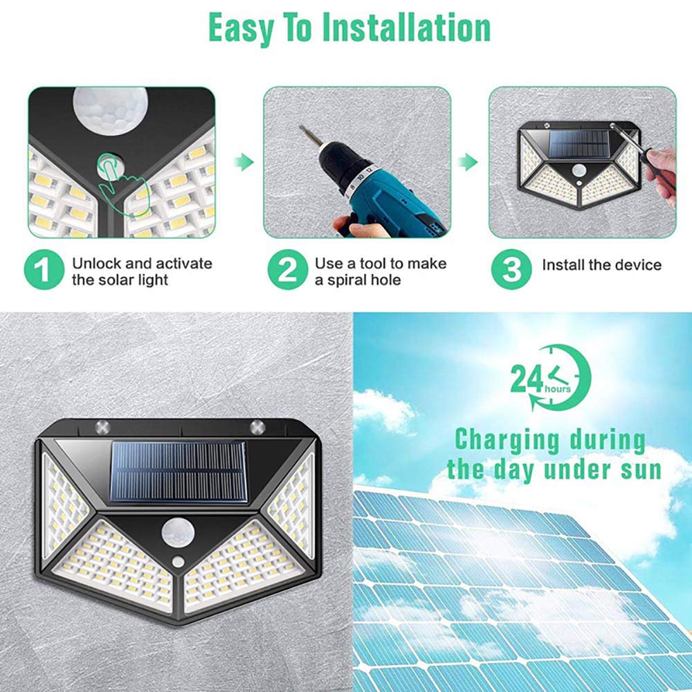 TEDATATA Solar Wall Lights 120 LED, 270°Wide Angle, IP65 Waterproof, Wireless Motion Sensor Wall Lights, for Front Door, Backyard, Steps, Garage, Garden, 4 Packs