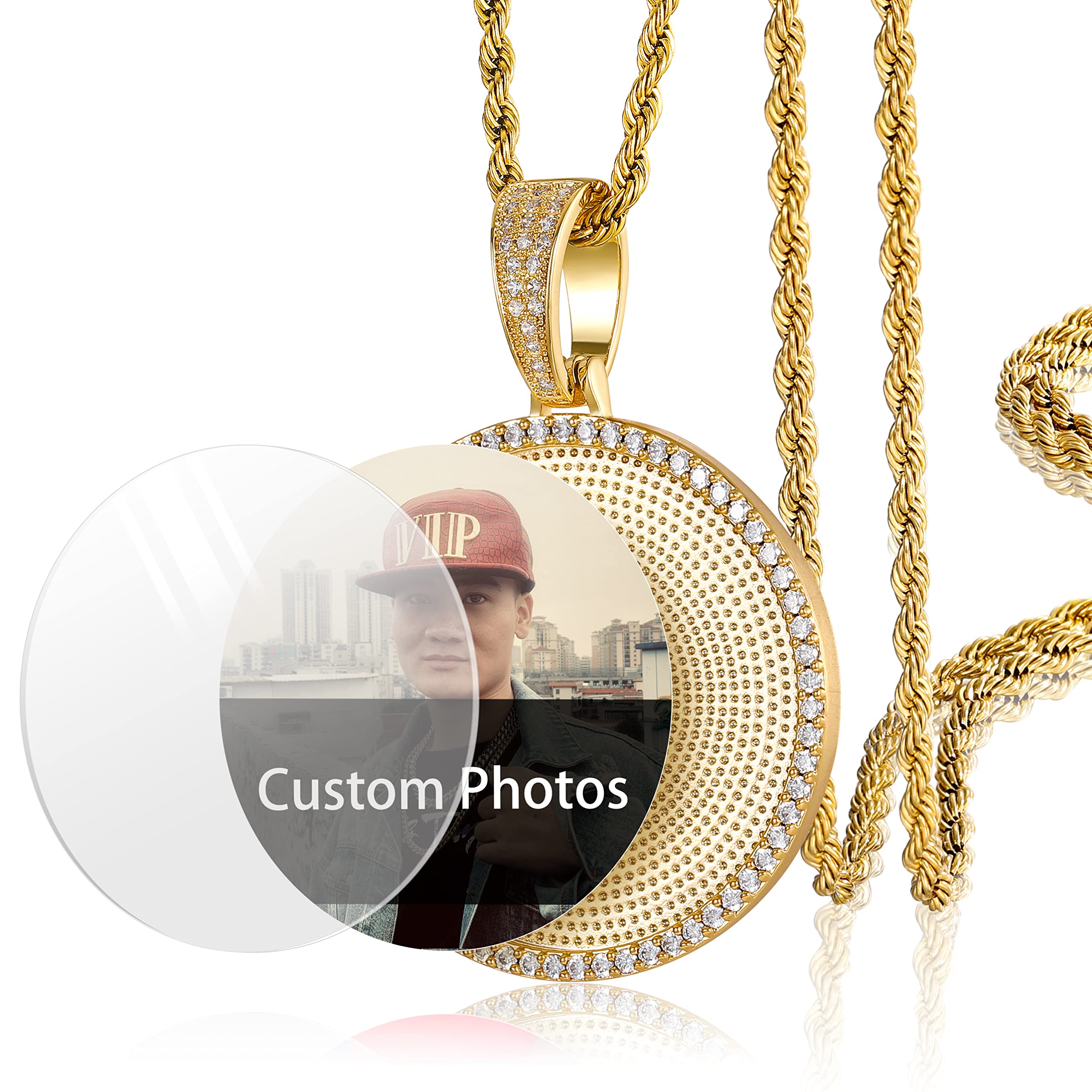 YIMERAIRE Custom Photo Necklace Personalized Picture Frame Necklace Blank Pendant for Women Round Memory Pendant Necklace with Rope Chain Hip Hop Jewelry for Men