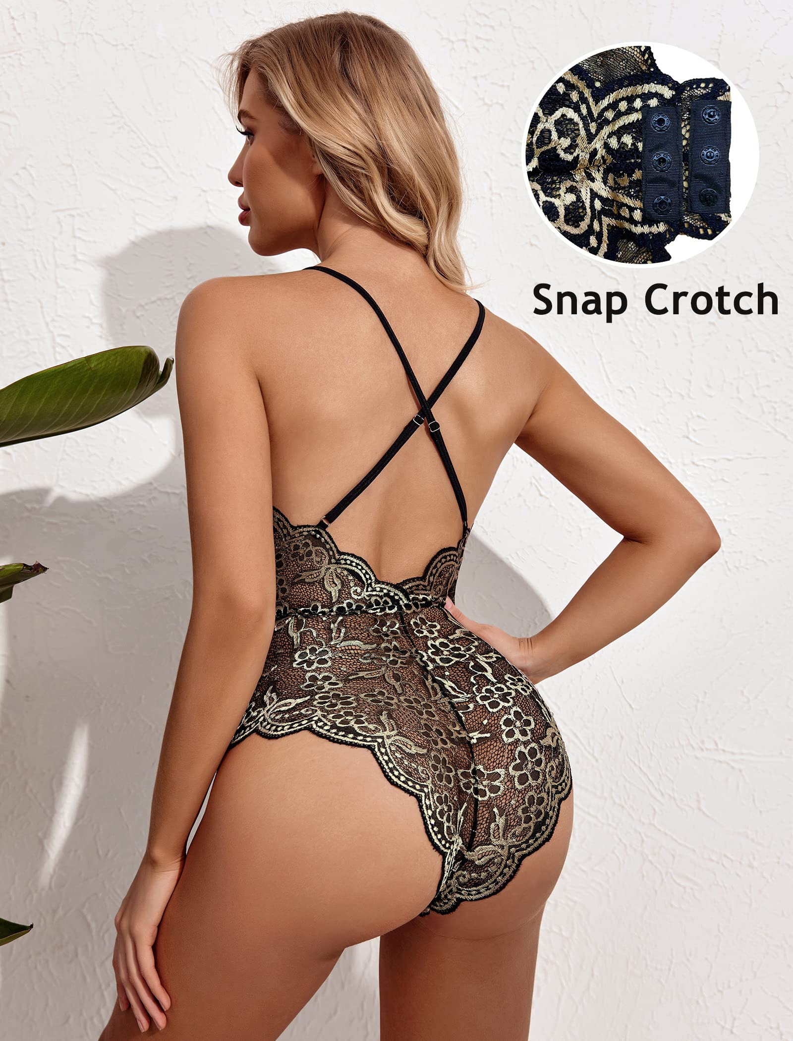 Avidlove Womens Snap Crotch Bodysuit Lingerie Lace Teddy One Piece Sleepwear (Black & Skin M)