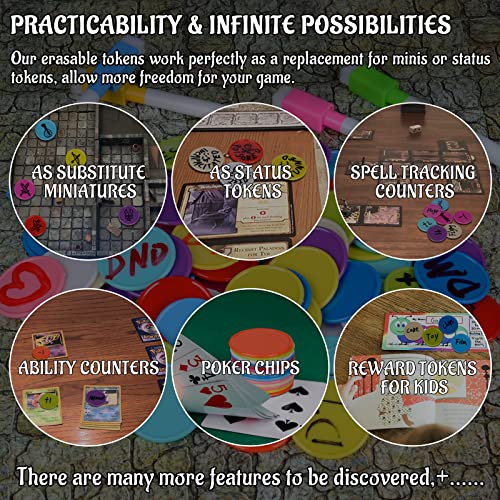 DND Wet & Dry Erase Tokens Set of 100 Colorful Blank Counters - 1.5" Customizable & Reusable Game Discs for Dungeons & Dragons, MTG, Bingo Clips and Any Tabletop RPGs
