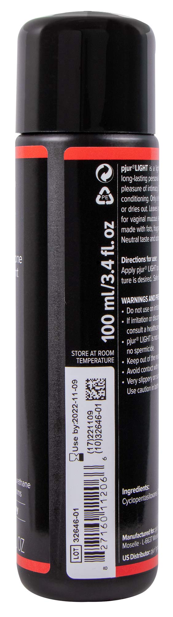 Pjur Light Concentrated Silicone Personal Lubricant Less Viscous Formula for More Skin-to-Skin Contact Lube for Sex & Massage | 3.4 fl oz/100ml