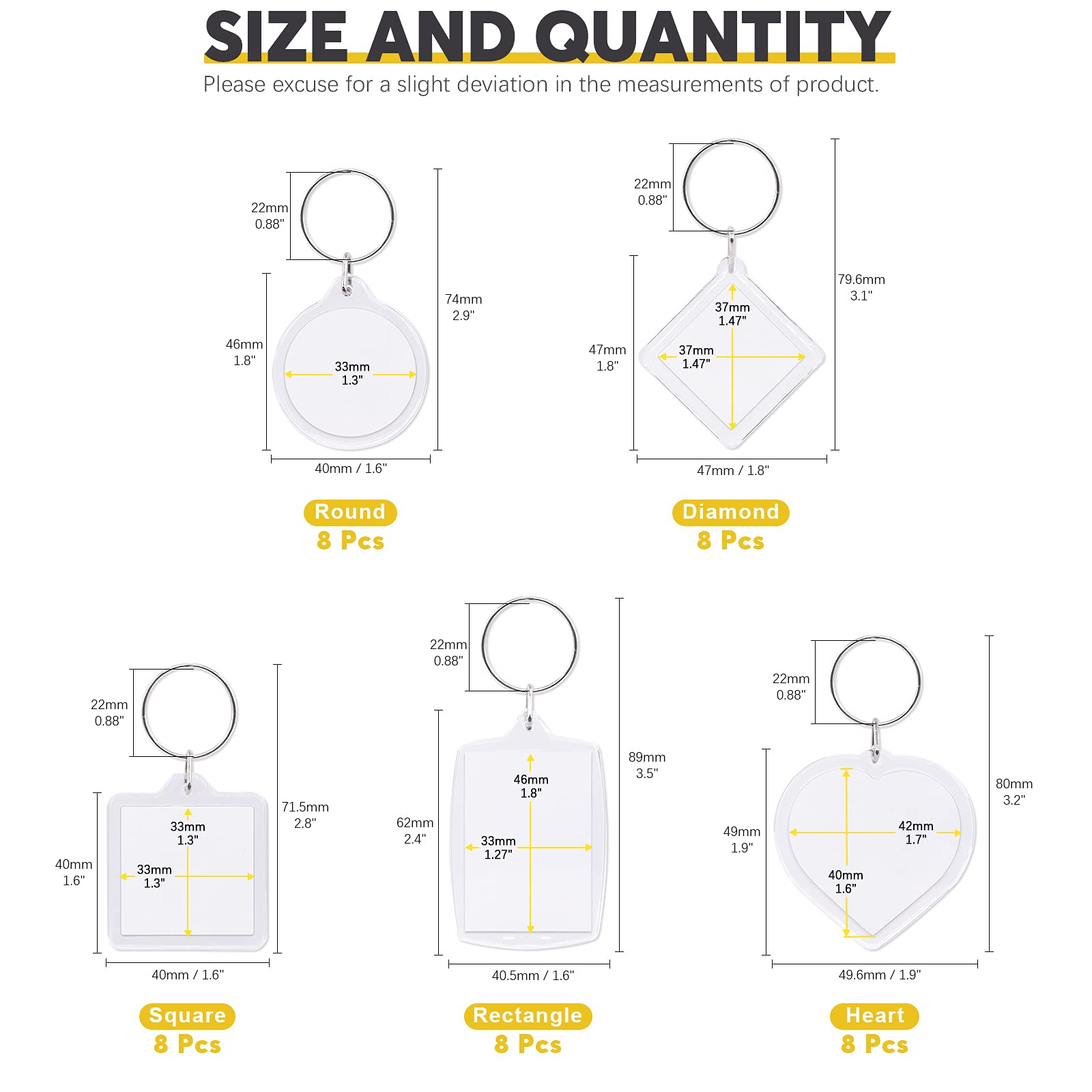 Mardatt 40Pcs Clear Acrylic Blank picture Photo frame keychain Personalized photo insert keychain bulk, Rectangle, Heart-Shaped, Round, Square and Rhombus Great for Personalized Keychains DIY Gift