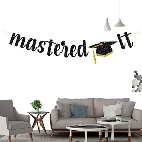 Maicaiffe Black Glitter Mastered It Banner - Master's Graduation Banner, Congrats Grad / Happy Graduation Sign - 2022 Graduation Party Decorations