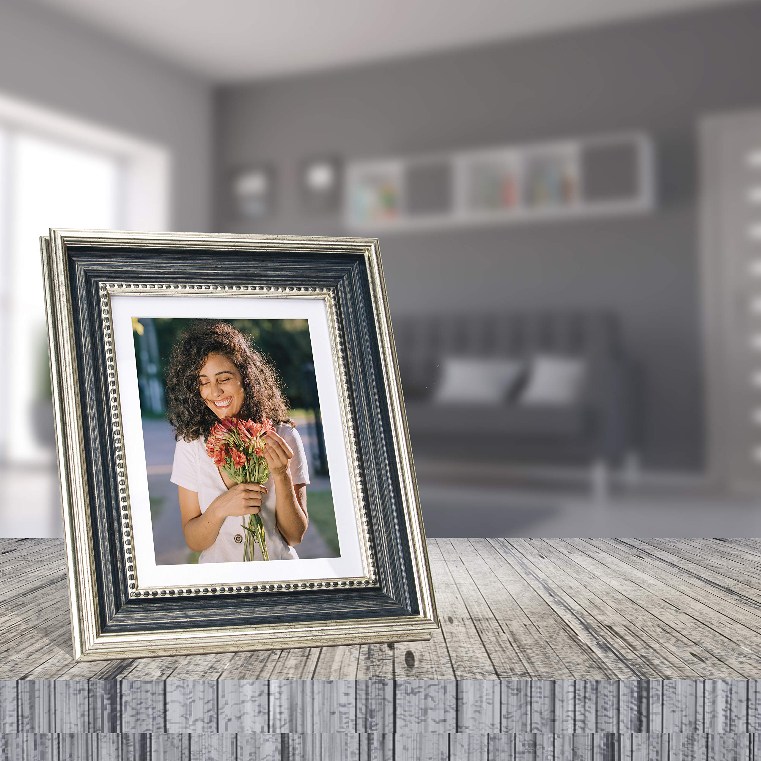 Beyond Your Thoughts 8x10 Picture Photo Frame(1 Pack Real Glass) Antique with Matted for 5X7 Blue Color, Vertical or Horizontal, Table Top and Wall Mounting Display