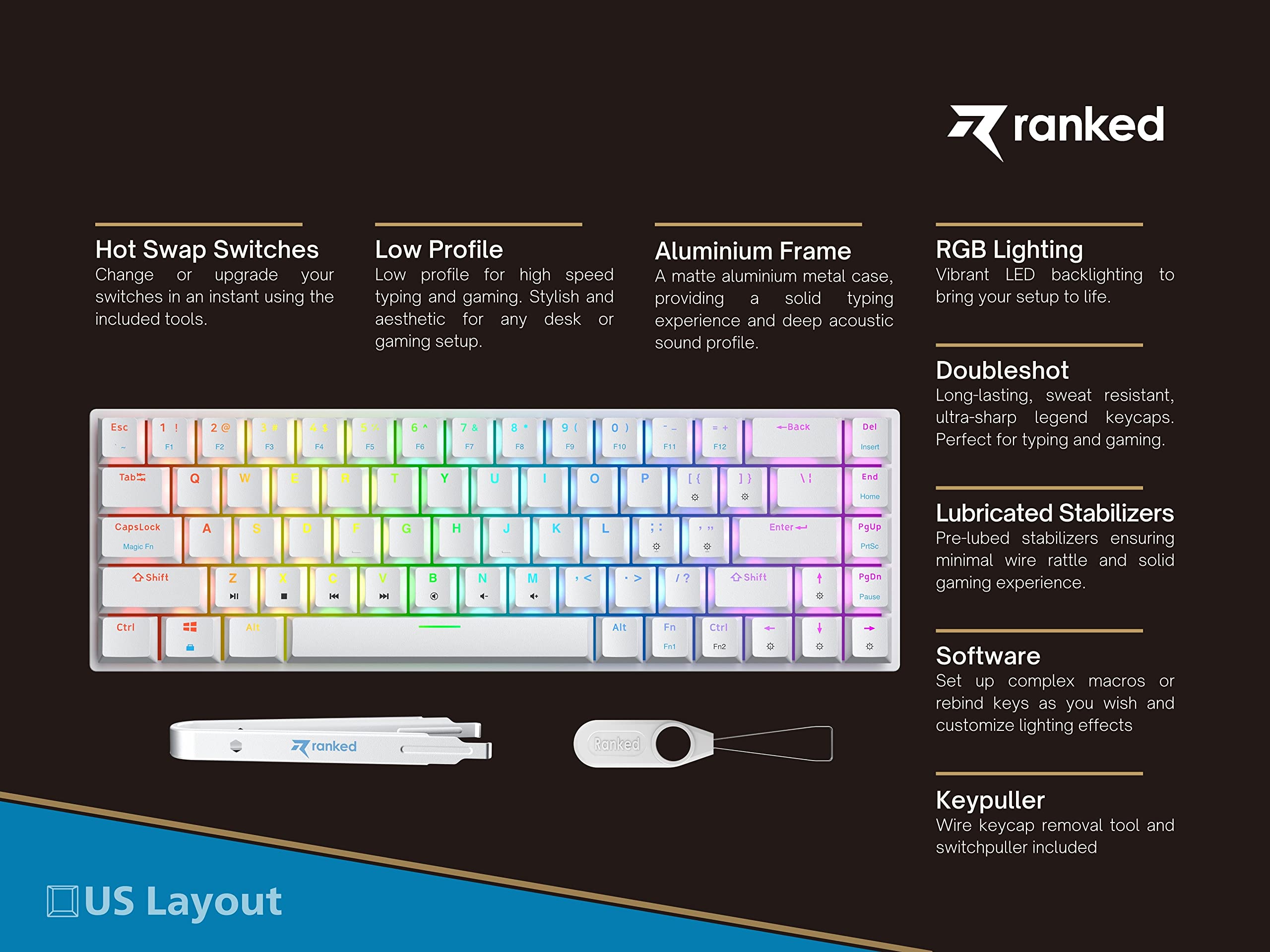 Ranked G65 Guardian 65% | Full Aluminum Frame | Ultra Slim Hot Swappable Mechanical Gaming Keyboard | 68 Keys Multi Color RGB LED Backlit for PC/Mac Gamer (White, Gateron Low Profile Brown)