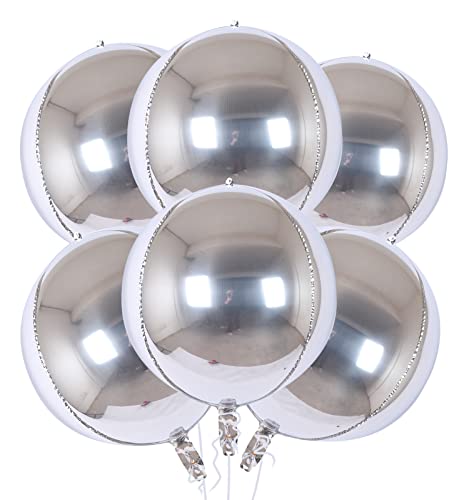 AULE Silver Orbz Balloon Decorations - Pack of 6, Jumbo 22 Inch 4D Metallic Silver Balloons, Large Foil Sphere Balloons, Big Round Mylar Balloons