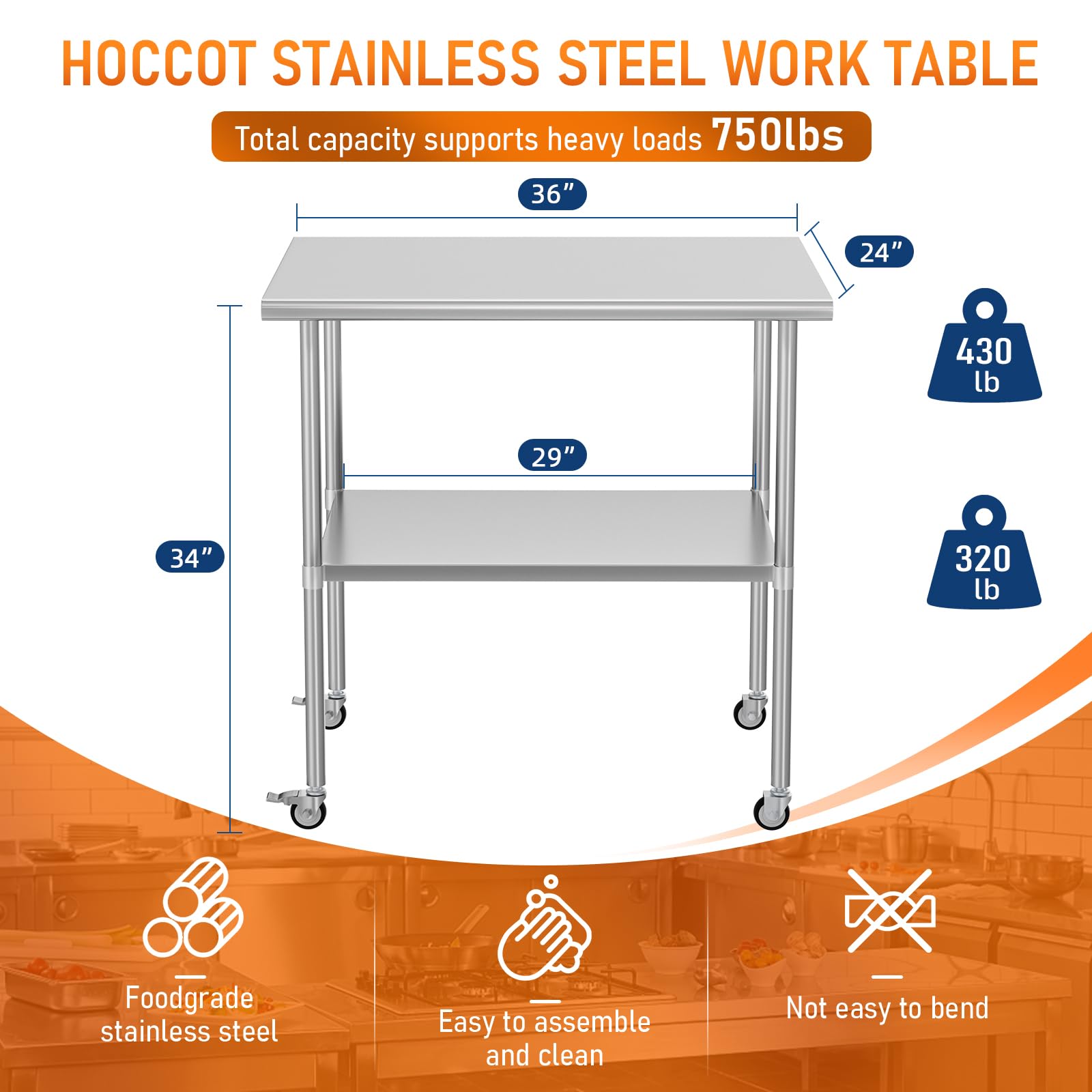 HOCCOT Stainless Steel Prep & Work Table with Adjustable Shelf, with Wheels, Kitchen Island, Commercial Workstations, Utility Table in Kitchen Garage Laundry Room Outdoor BBQ, 24" X 36"
