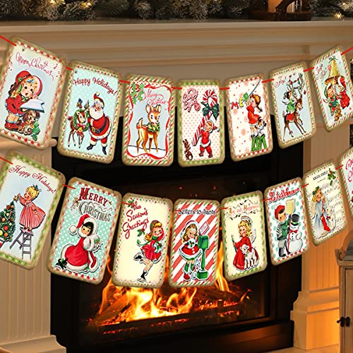 Christmas Party Decoration-Vintage Christmas Hanging Banner Supplies,15pcs Merry Christmas Bunting Banner Garland Decoration for Fireplace Christmas Outdoor and Indoor Decoration