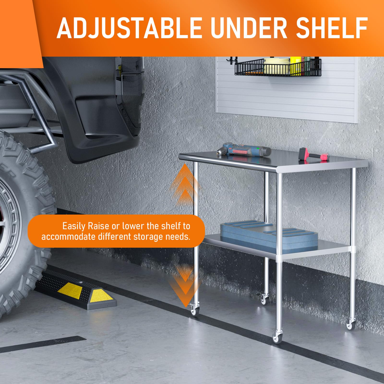 HOCCOT Stainless Steel Prep & Work Table with Adjustable Shelf, with Wheels, Kitchen Island, Commercial Workstations, Utility Table in Kitchen Garage Laundry Room Outdoor BBQ, 24" X 36"
