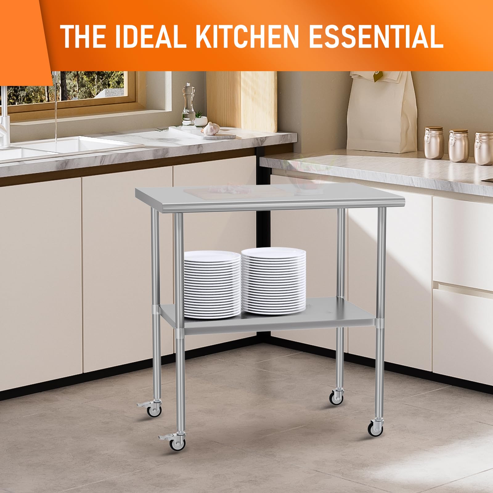 HOCCOT Stainless Steel Prep & Work Table with Adjustable Shelf, with Wheels, Kitchen Island, Commercial Workstations, Utility Table in Kitchen Garage Laundry Room Outdoor BBQ, 24" X 36"