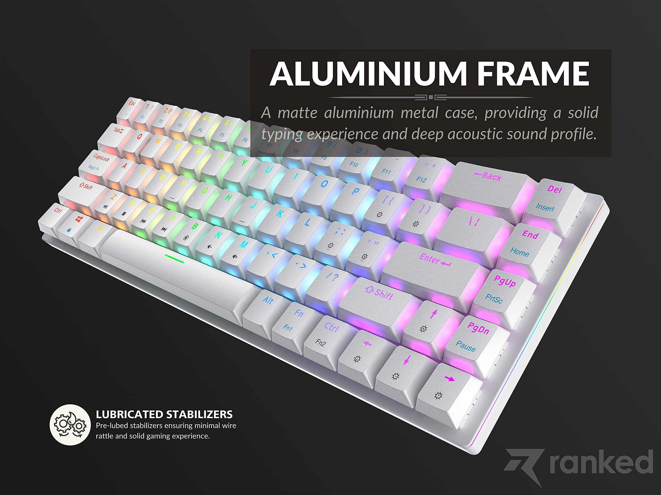 Ranked G65 Guardian 65% | Full Aluminum Frame | Ultra Slim Hot Swappable Mechanical Gaming Keyboard | 68 Keys Multi Color RGB LED Backlit for PC/Mac Gamer (White, Gateron Low Profile Brown)