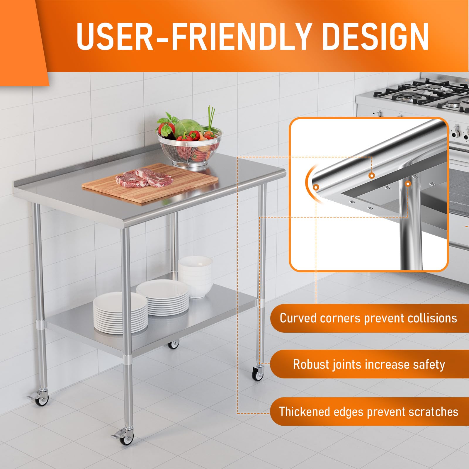 HOCCOT Stainless Steel Prep & Work Table with Adjustable Shelf, with Wheels, Kitchen Island, Commercial Workstations, Utility Table in Kitchen Garage Laundry Room Outdoor BBQ, 24" X 36"