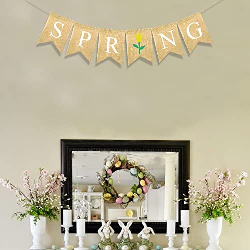 FAKTEEN Spring Burlap Banner with Flower for Mantel Fireplace Home Decor Garland Spring Themed Party Decorations Indoor Outdoor Hanging Bunting Photo Backdrop