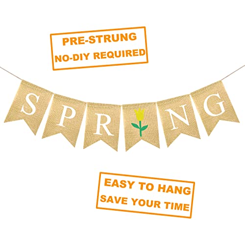FAKTEEN Spring Burlap Banner with Flower for Mantel Fireplace Home Decor Garland Spring Themed Party Decorations Indoor Outdoor Hanging Bunting Photo Backdrop