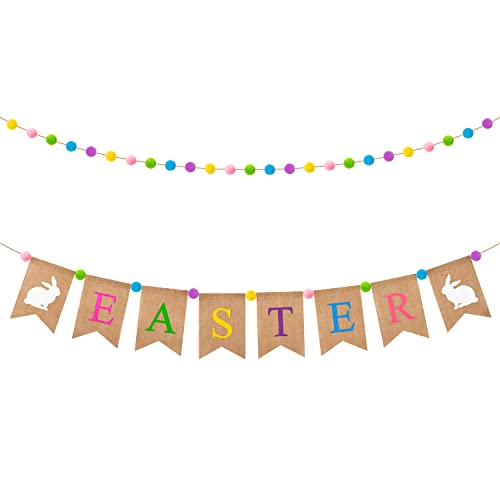2Pcs Easter Banner Burlap Flag Felt Ball Garland Kit, With Pendants Pom for Centerpieces Easter Decorations Party Decor Fireplace Porch Wall Backdrops
