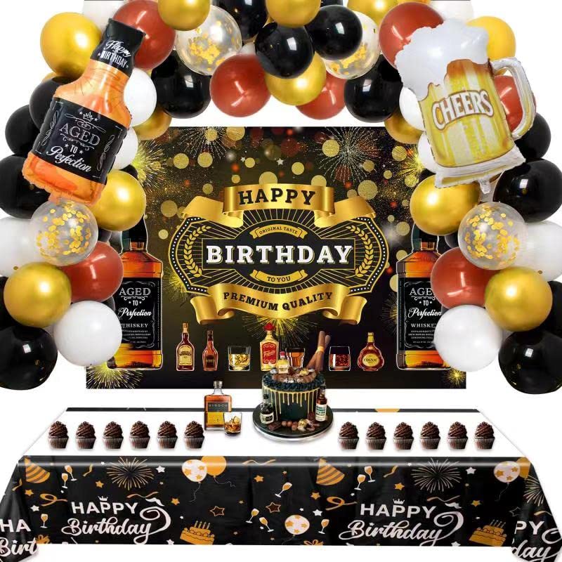 Heidaman Party Decorations For Men,Aged to Perfection Party Supplies,Men Birthday Decorations Include Whiskey Cackdrop Balloons Garland Arch Tablecloth Whiskey Bottle Beer Foil Balloons