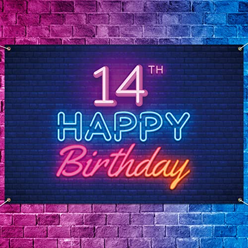 Glow Neon Happy 14th Birthday Backdrop Banner Decor Black – Colorful Glowing 14 Years Old Birthday Party Theme Decorations for Boys Girls Supplies