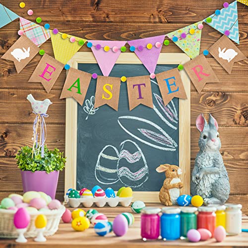2Pcs Easter Banner Burlap Flag Felt Ball Garland Kit, With Pendants Pom for Centerpieces Easter Decorations Party Decor Fireplace Porch Wall Backdrops