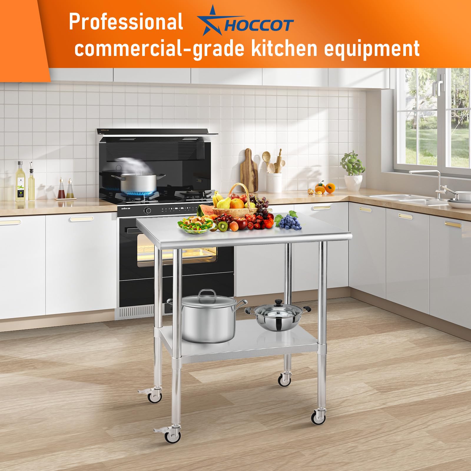 HOCCOT Stainless Steel Prep & Work Table with Adjustable Shelf, with Wheels, Kitchen Island, Commercial Workstations, Utility Table in Kitchen Garage Laundry Room Outdoor BBQ, 24" X 36"